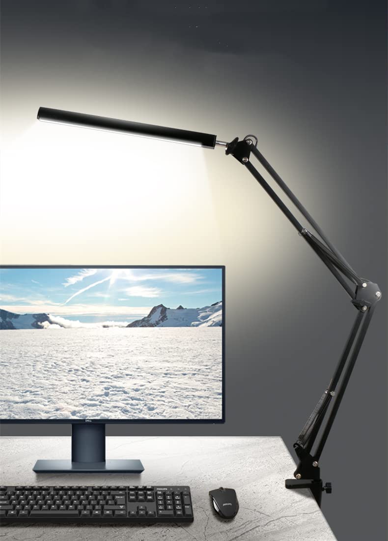 Desk Lamp,12W Eye-Caring Metal Swing Arm Desk Lamp with Clamp, 20 Brightness Dimmable Clamp Desk Light with Memory Function, 360 Degree Spin Architect Table Desk Lamps for Dorms, Studios Reading