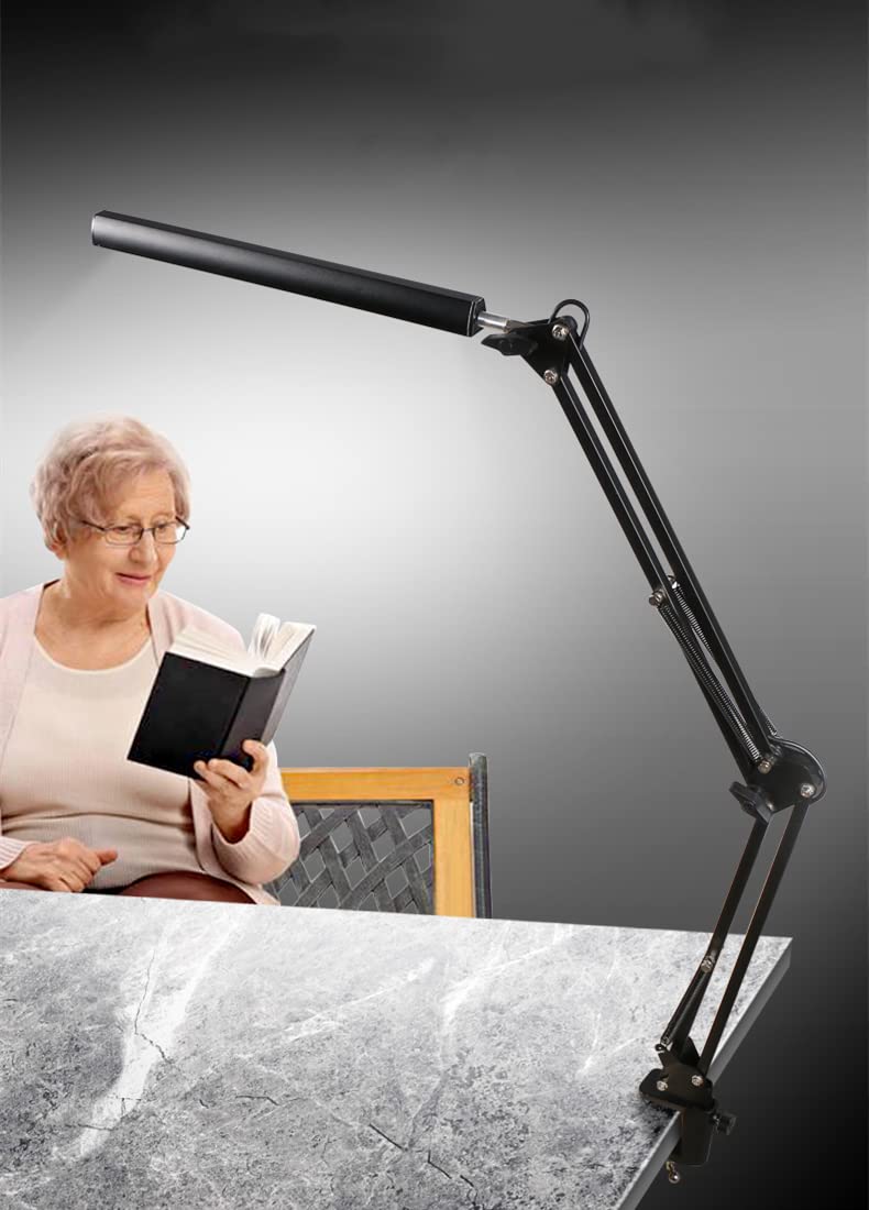 Desk Lamp,12W Eye-Caring Metal Swing Arm Desk Lamp with Clamp, 20 Brightness Dimmable Clamp Desk Light with Memory Function, 360 Degree Spin Architect Table Desk Lamps for Dorms, Studios Reading