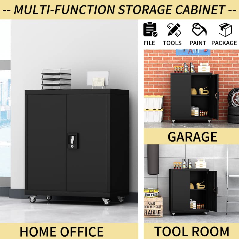 GEDELITE Metal Storage Cabinet with Wheels, Mobile Metal Cabinet, Steel Storage Cabinet with Adjustable Shelve and Locking Doors for Home and Office, Black