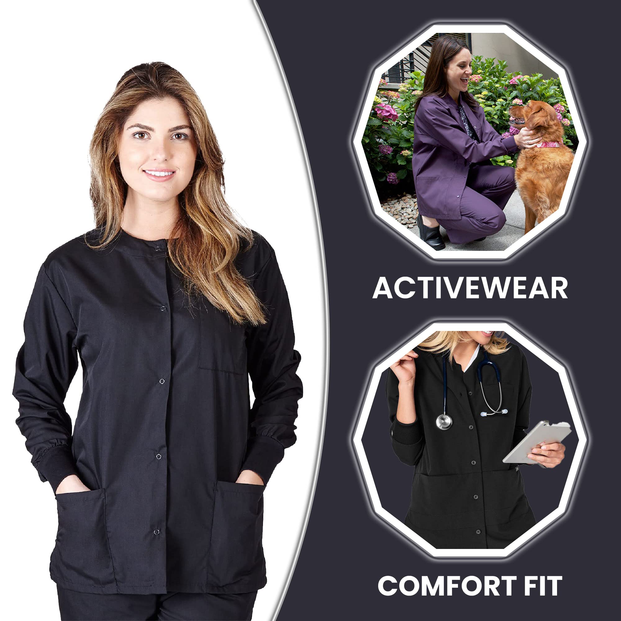 Women's Scrub Jacket Warm Up Medical Scrub Jackets for Women (Black, Medium)