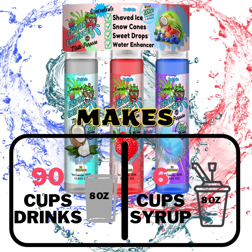 (Variety Pack of 3) Sugar Free Flavor Enhancer for Ice, Water, Snow Cone, Shaved Ice, Drink, Snacks; Multi-Purpose; Concentrate; Sweetened; No Need Sugar; Just Add Water. Zero Calories
