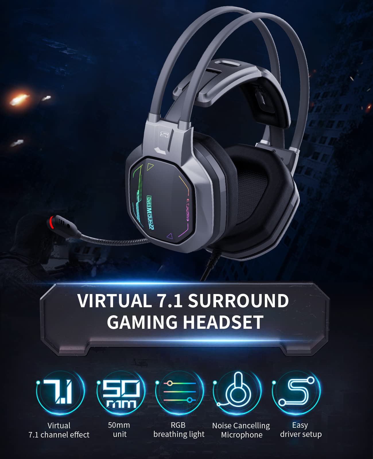 Shuomeng USB Pro Gaming Headset for PC - Computer Headphones with Microphone/Mic, SM-H2Pro 7.1 Surround Sound Wired Headset with LED RGB Light - Gaming Headphones for PS4/PS5,Console Laptop