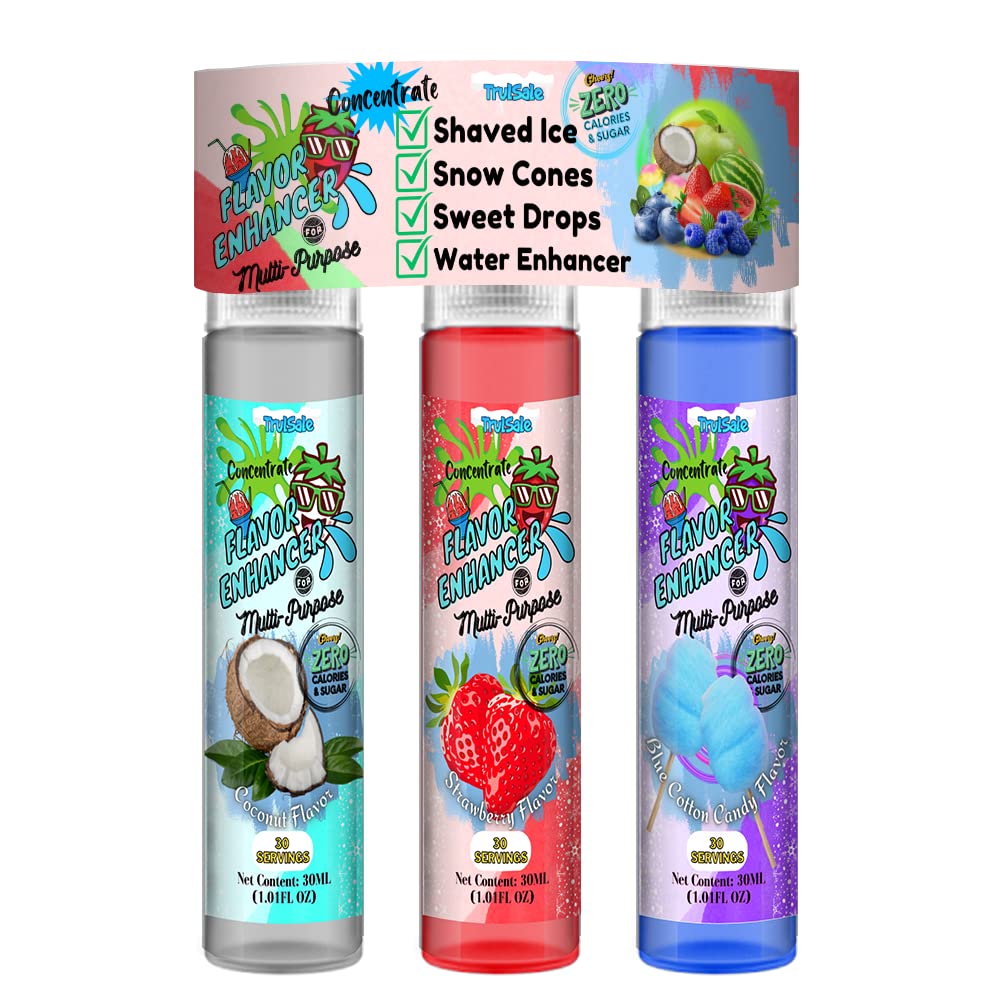 (Variety Pack of 3) Sugar Free Flavor Enhancer for Ice, Water, Snow Cone, Shaved Ice, Drink, Snacks; Multi-Purpose; Concentrate; Sweetened; No Need Sugar; Just Add Water. Zero Calories