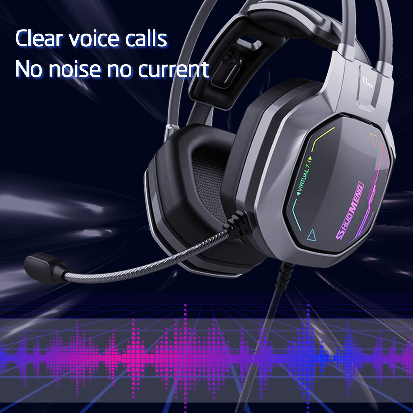 Shuomeng USB Pro Gaming Headset for PC - Computer Headphones with Microphone/Mic, SM-H2Pro 7.1 Surround Sound Wired Headset with LED RGB Light - Gaming Headphones for PS4/PS5,Console Laptop