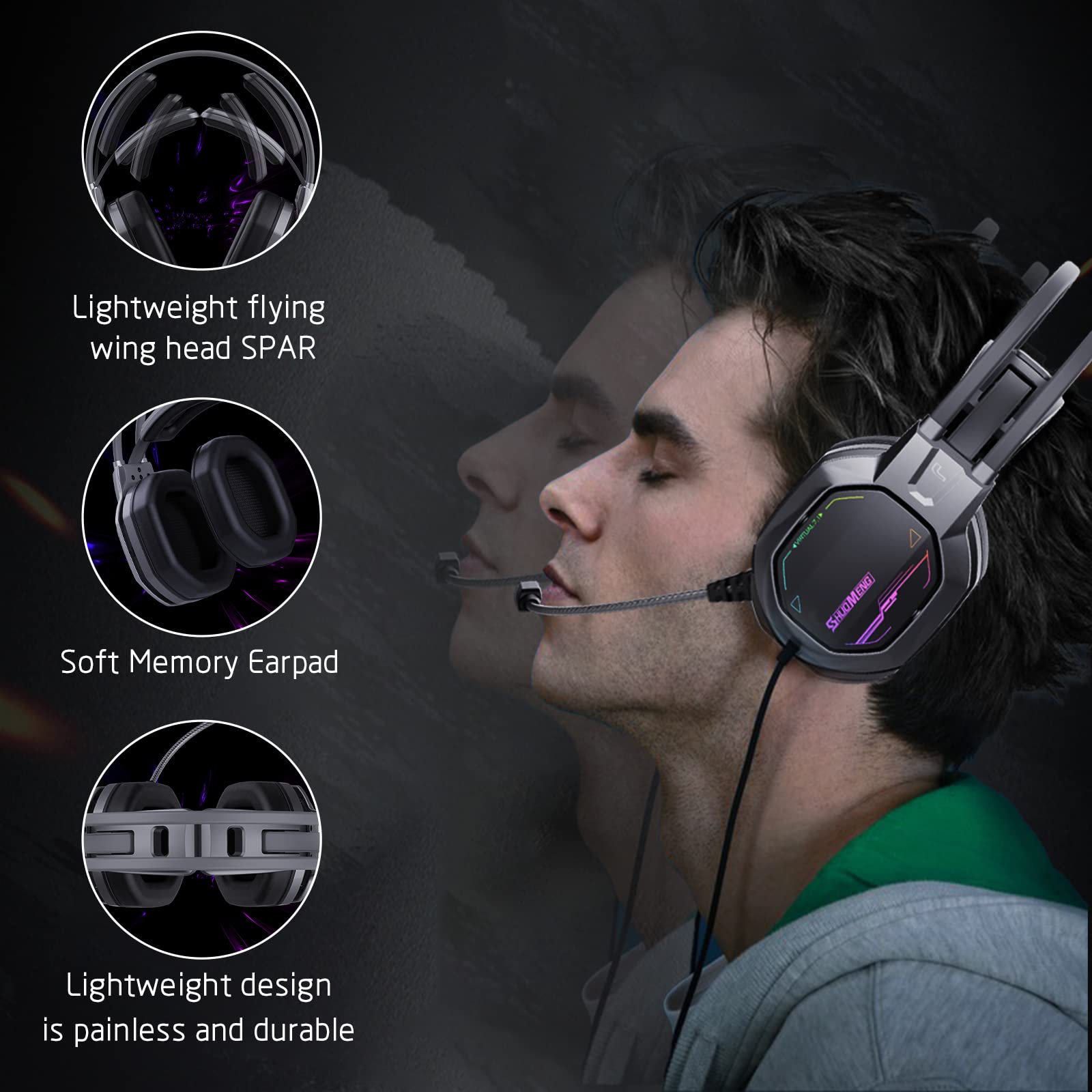 Shuomeng USB Pro Gaming Headset for PC - Computer Headphones with Microphone/Mic, SM-H2Pro 7.1 Surround Sound Wired Headset with LED RGB Light - Gaming Headphones for PS4/PS5,Console Laptop