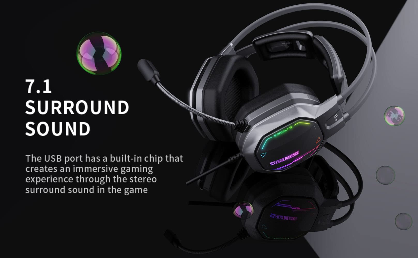 Shuomeng USB Pro Gaming Headset for PC - Computer Headphones with Microphone/Mic, SM-H2Pro 7.1 Surround Sound Wired Headset with LED RGB Light - Gaming Headphones for PS4/PS5,Console Laptop