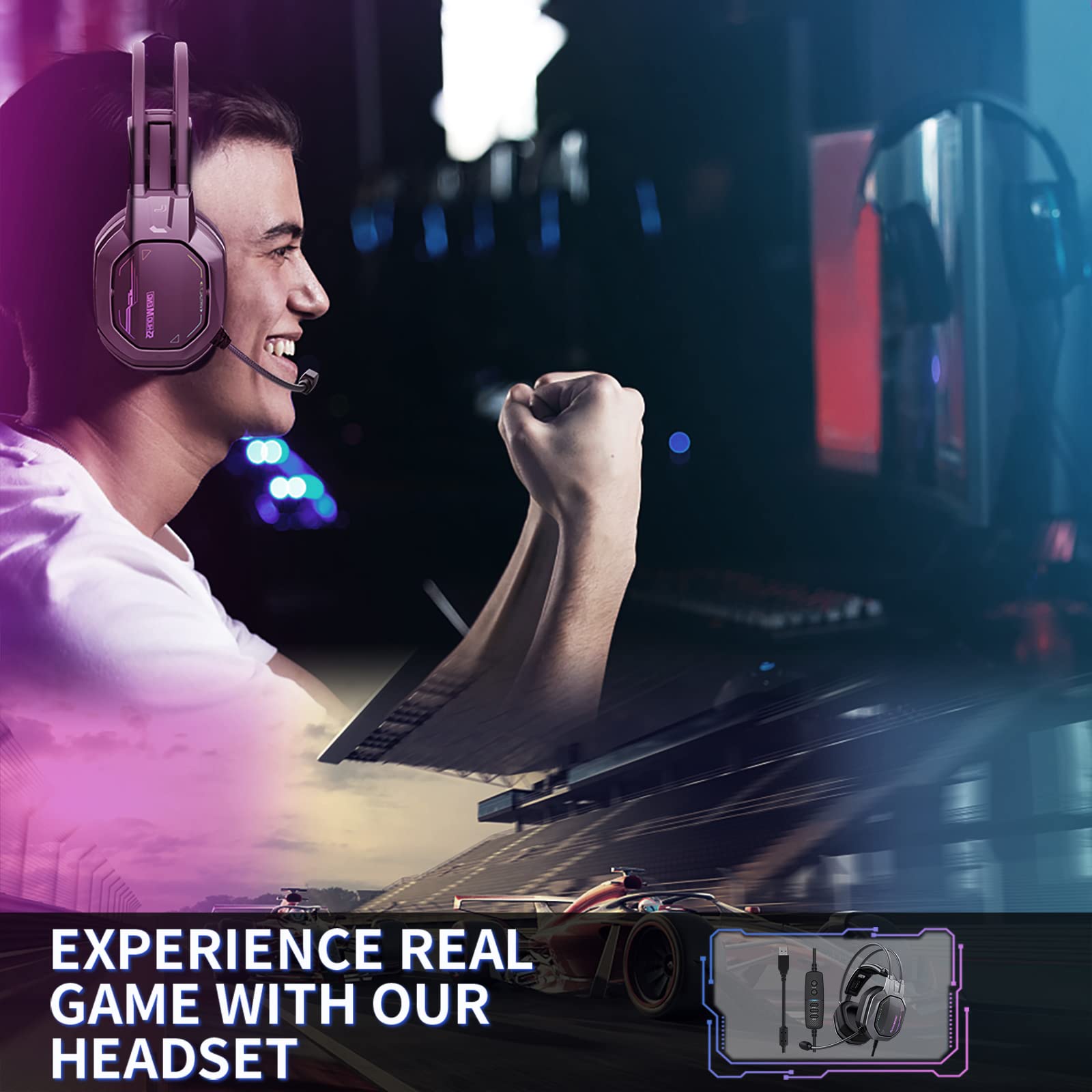 Shuomeng USB Pro Gaming Headset for PC - Computer Headphones with Microphone/Mic, SM-H2Pro 7.1 Surround Sound Wired Headset with LED RGB Light - Gaming Headphones for PS4/PS5,Console Laptop