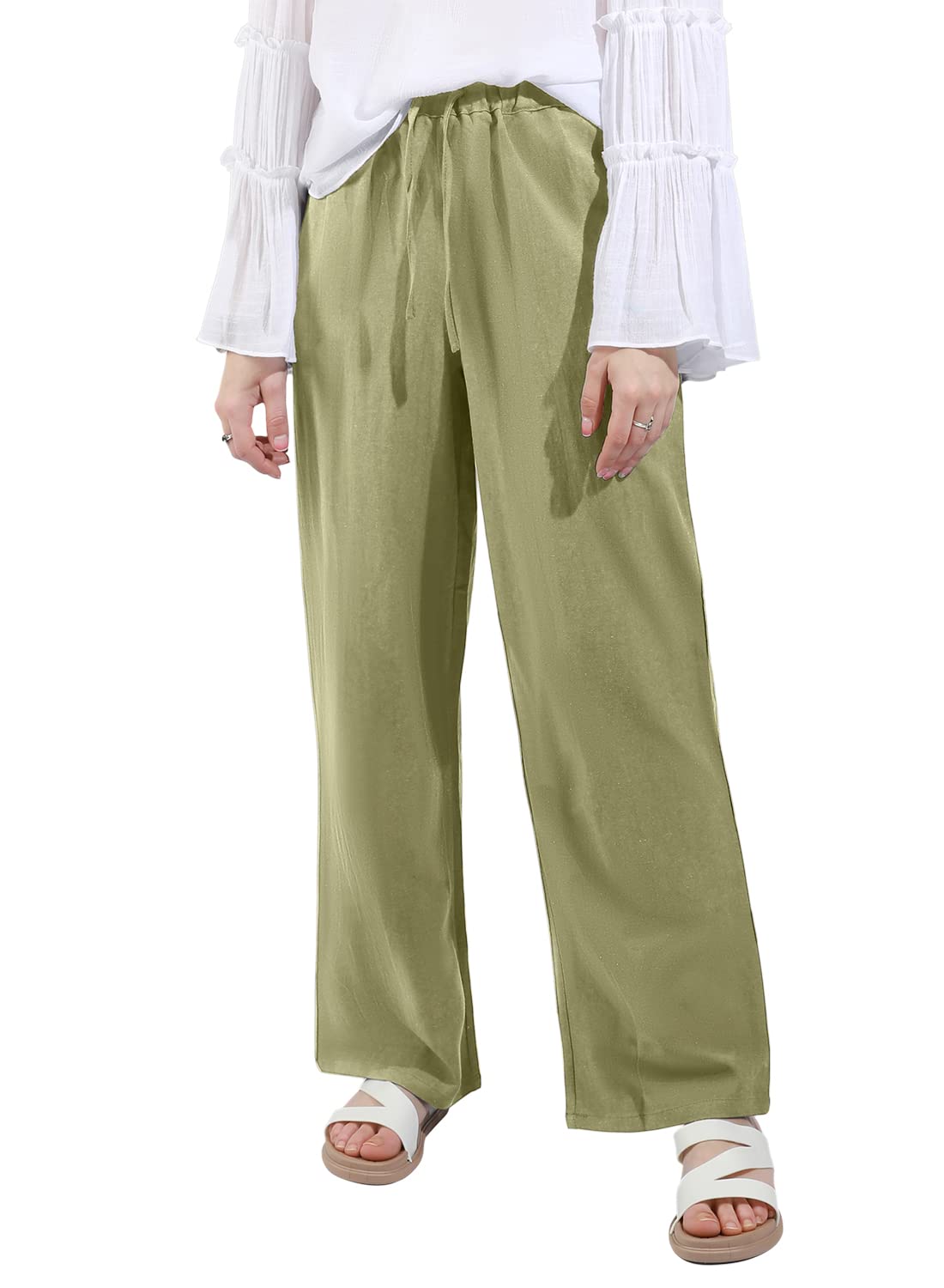utcoco Women's Cotton Linen Drawstring High Waisted Pants Casual Loose Fit Wide Leg Trousers (XL, Green)