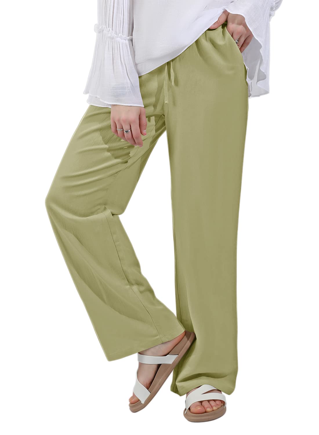 utcoco Women's Cotton Linen Drawstring High Waisted Pants Casual Loose Fit Wide Leg Trousers (XL, Green)