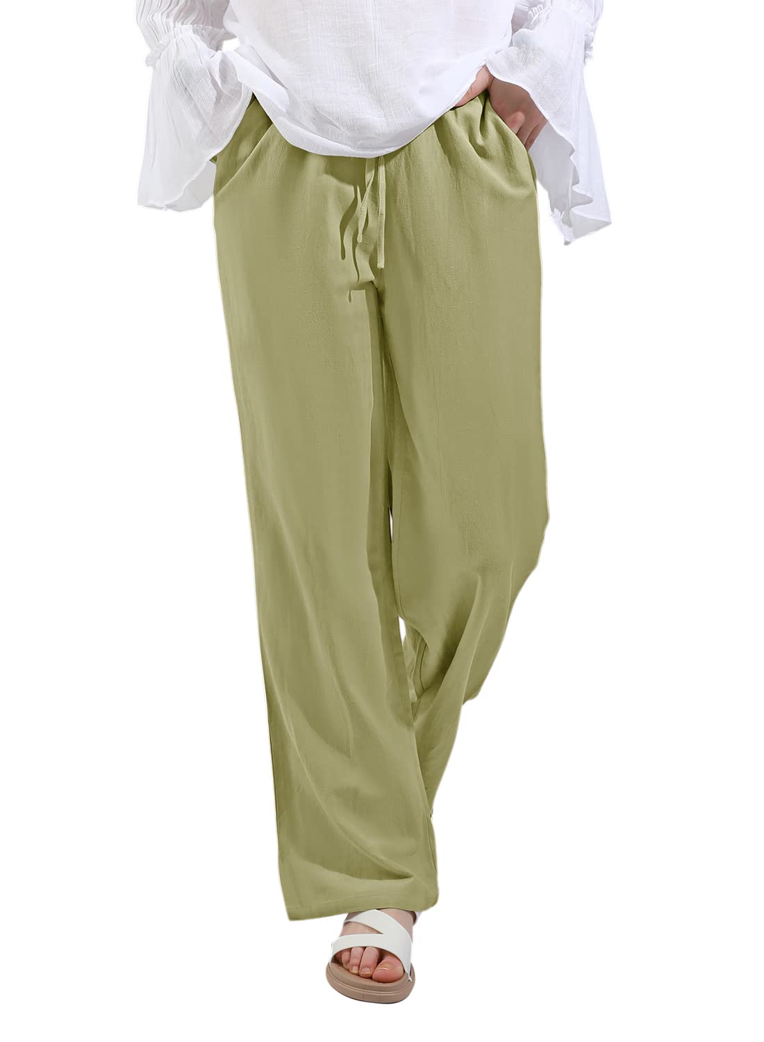 utcoco Women's Cotton Linen Drawstring High Waisted Pants Casual Loose Fit Wide Leg Trousers (XL, Green)