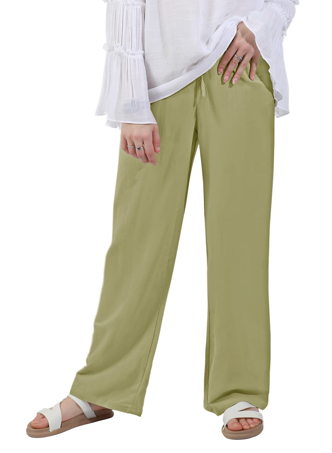 utcoco Women's Cotton Linen Drawstring High Waisted Pants Casual Loose Fit Wide Leg Trousers (XL, Green)