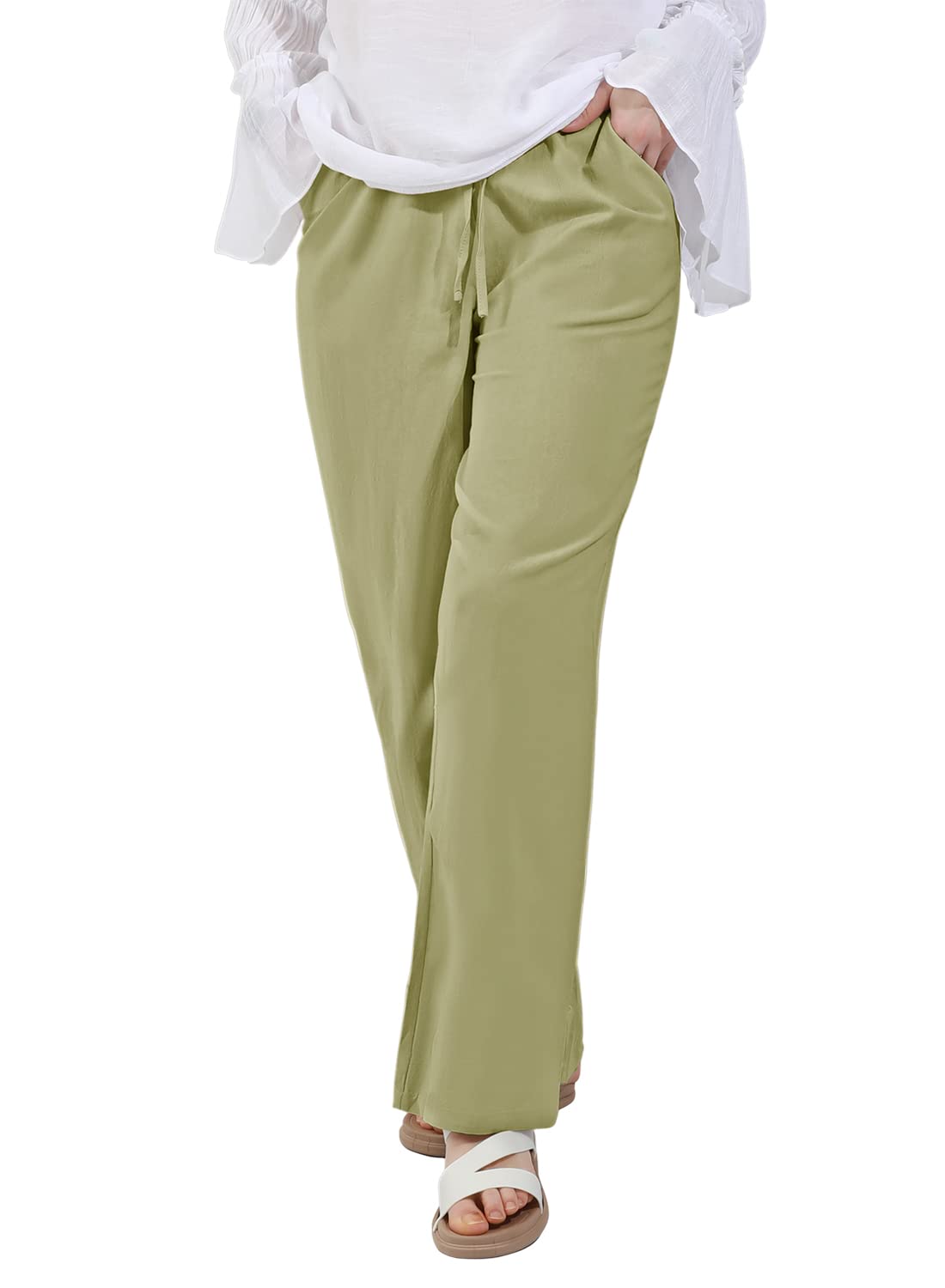 utcoco Women's Cotton Linen Drawstring High Waisted Pants Casual Loose Fit Wide Leg Trousers (XL, Green)