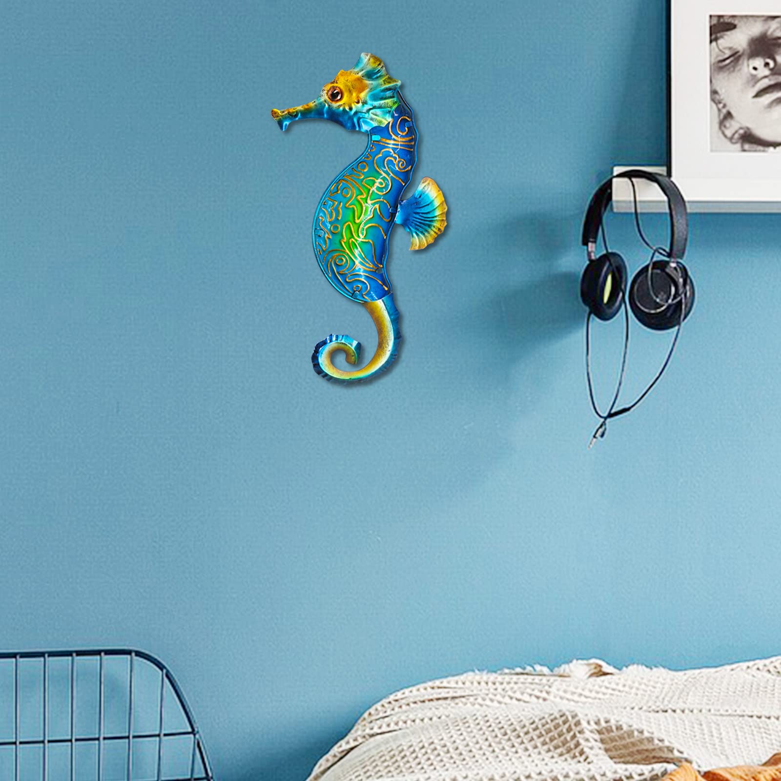 John's Studio Seahorse Sea Wall Decor Outdoor Metal Garden Hanging Art Glass Sculptures Home Ocean Theme Decorations for Kitchen Bathroom and Pool
