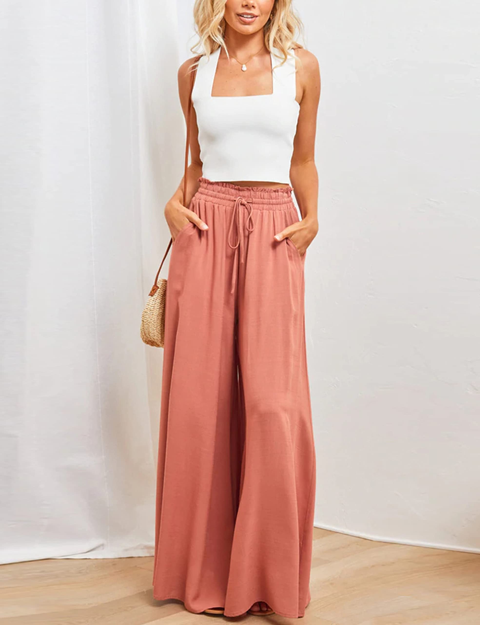 Yidarer Women's Casual Beach Palazzo Pants Flowy Wide Leg Lounge Pants with Pockets(Orange-XL)