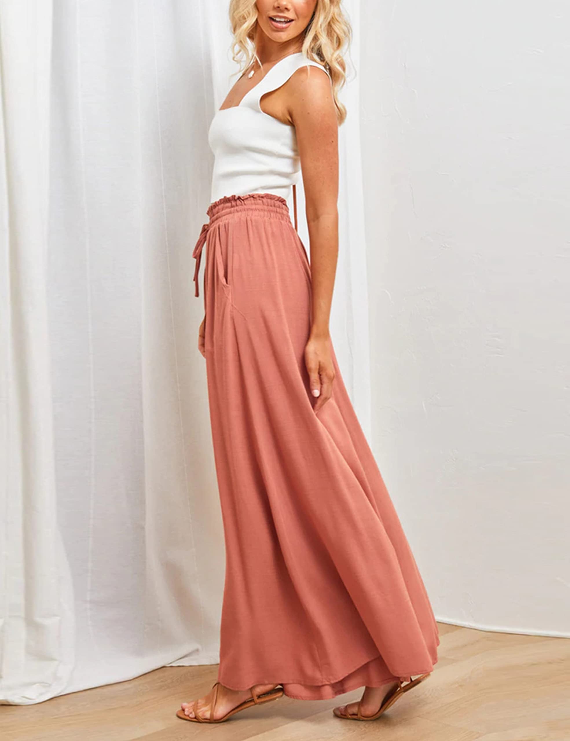 Yidarer Women's Casual Beach Palazzo Pants Flowy Wide Leg Lounge Pants with Pockets(Orange-XL)
