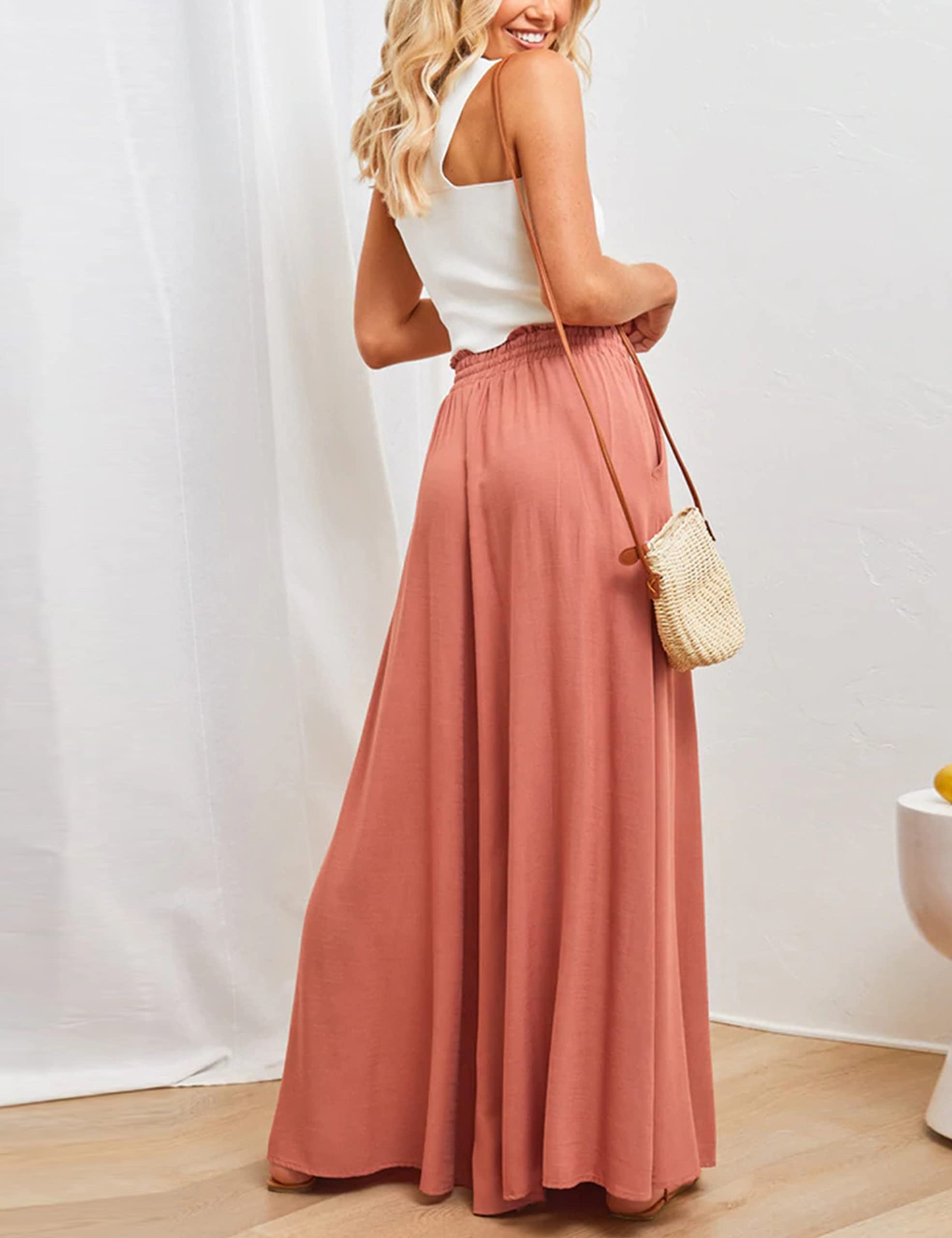 Yidarer Women's Casual Beach Palazzo Pants Flowy Wide Leg Lounge Pants with Pockets(Orange-XL)