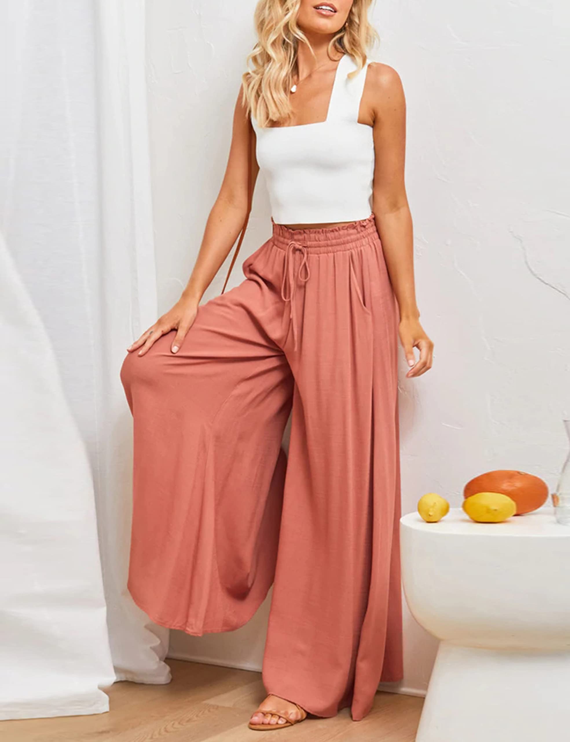 Yidarer Women's Casual Beach Palazzo Pants Flowy Wide Leg Lounge Pants with Pockets(Orange-XL)