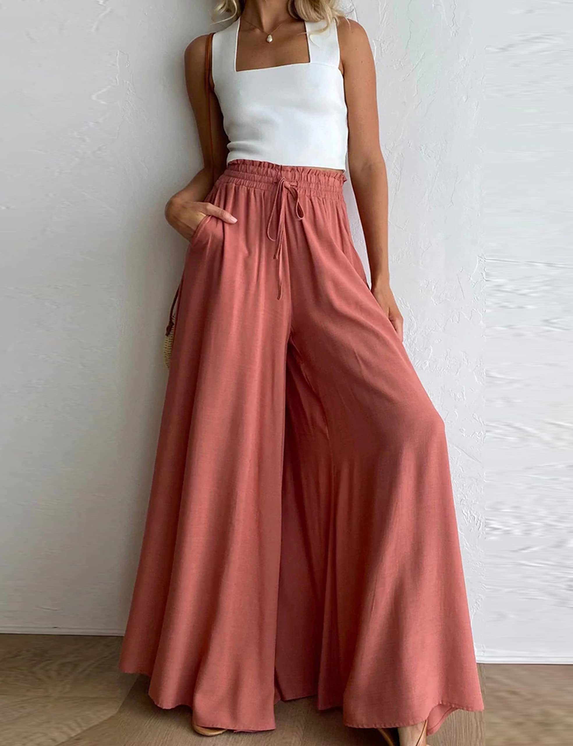 Yidarer Women's Casual Beach Palazzo Pants Flowy Wide Leg Lounge Pants with Pockets(Orange-XL)