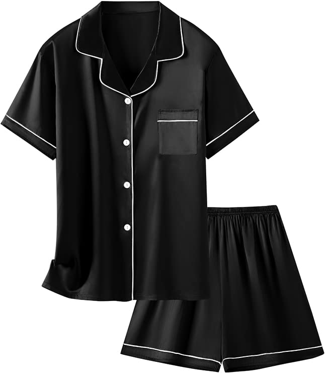 Schbbbta Kids Satin Pajamas, 2 Pcs Sleepwear Short Sleeve Silk Satain Summer Pajama Set for Teen Girls and Boys, Dark Black, 9-10 Years = Tag 150