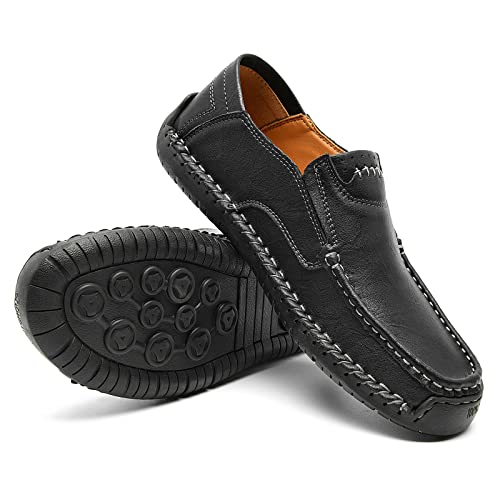 ENLEN&BENNA Men's Loafers Slip-On Casual Leather Dress Shoes Lightweight Comfortable Driving Walking Shoes Black Size 10.5