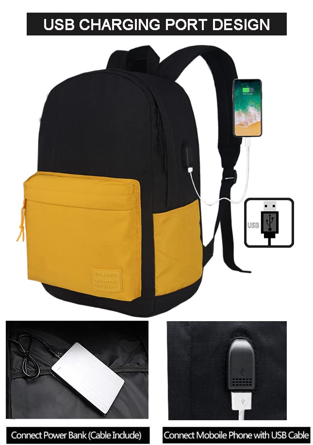 SUPACOOL Lightweight Casual Laptop Backpack with USB Charging Port For for Men and Women, Backpack for College (Full black and yellow)