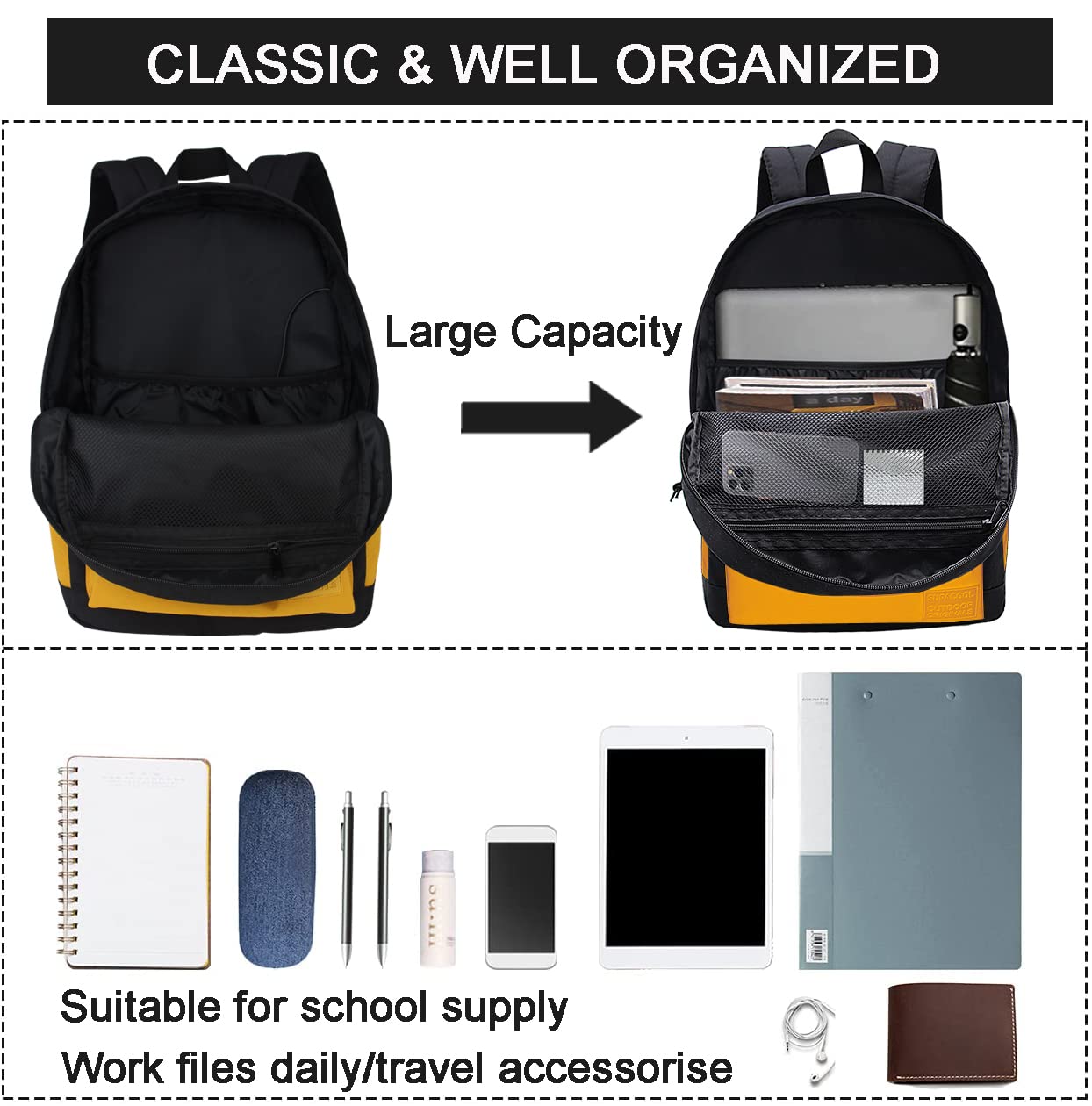 SUPACOOL Lightweight Casual Laptop Backpack with USB Charging Port For for Men and Women, Backpack for College (Full black and yellow)