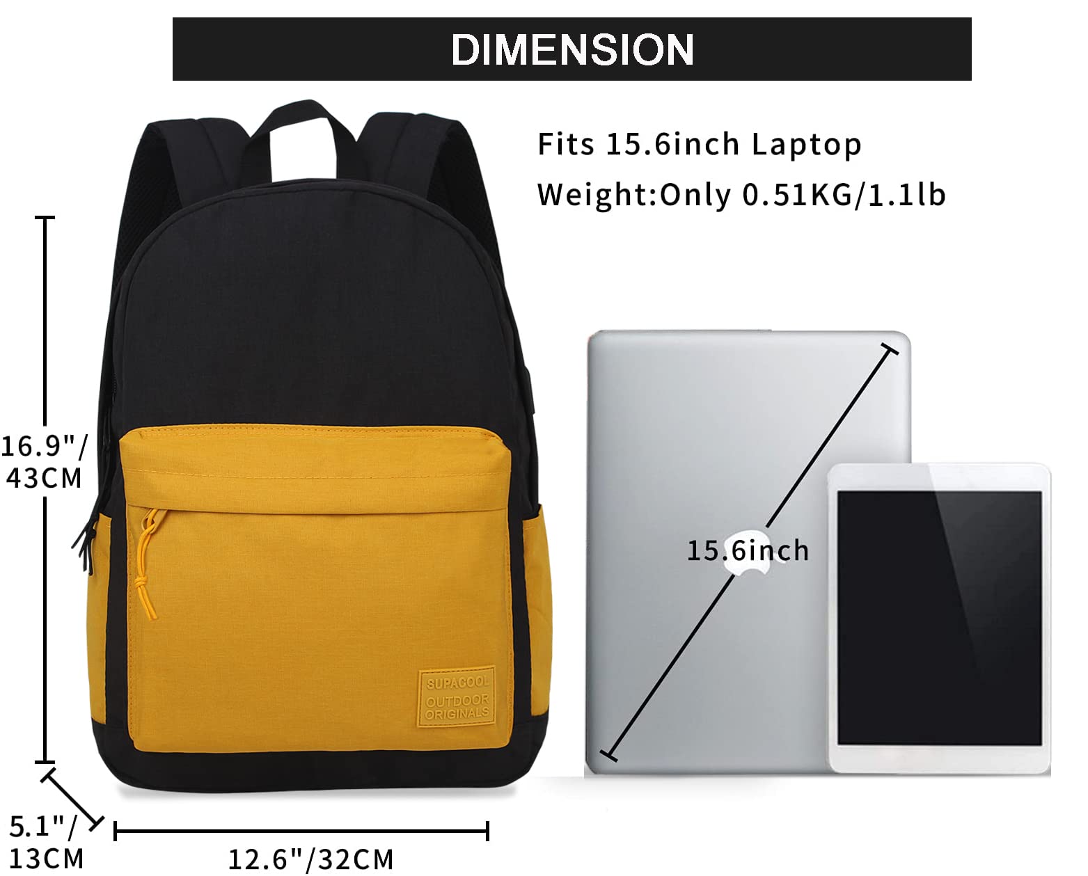 SUPACOOL Lightweight Casual Laptop Backpack with USB Charging Port For for Men and Women, Backpack for College (Full black and yellow)