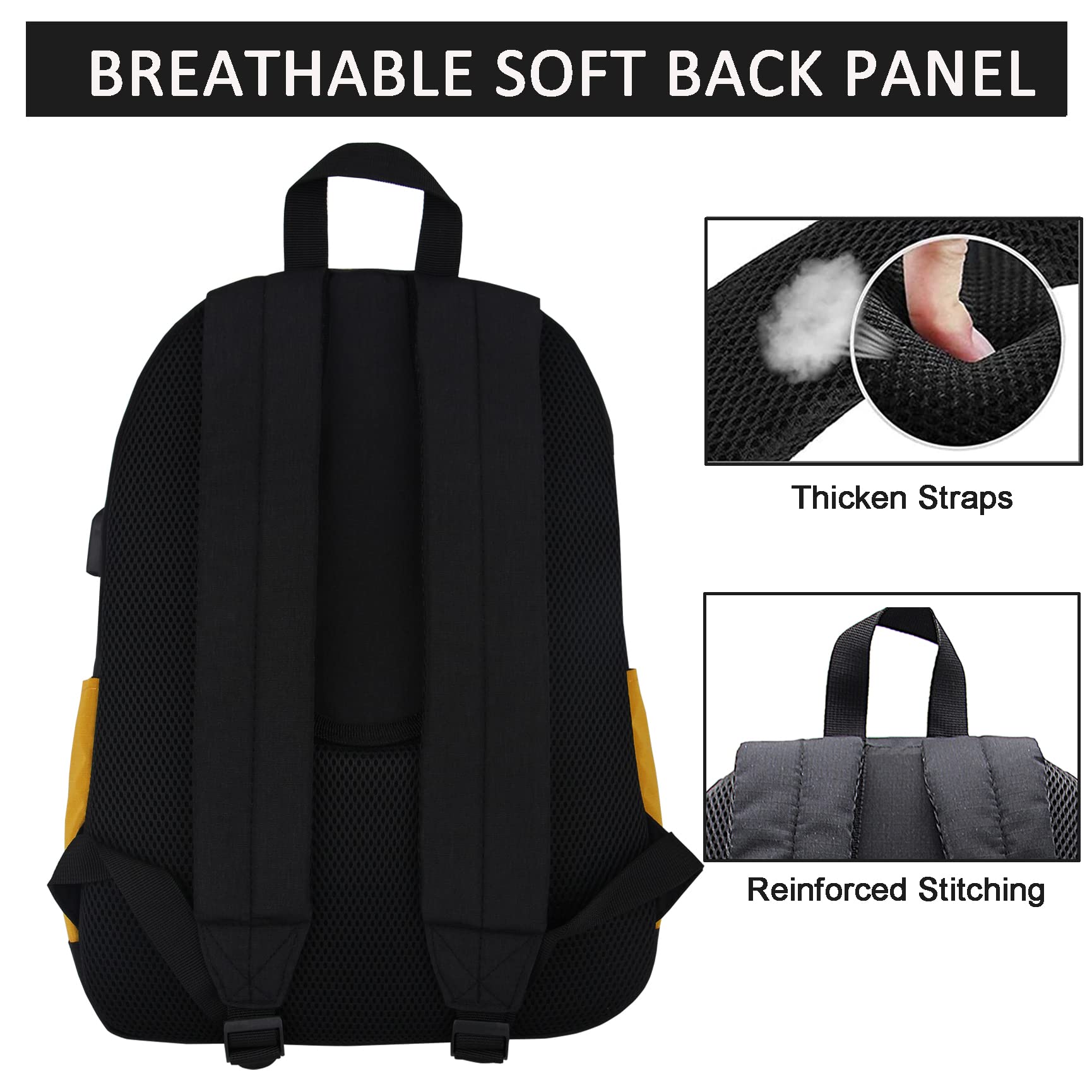 SUPACOOL Lightweight Casual Laptop Backpack with USB Charging Port For for Men and Women, Backpack for College (Full black and yellow)