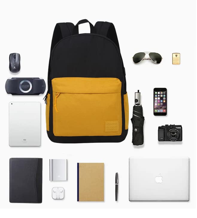 SUPACOOL Lightweight Casual Laptop Backpack with USB Charging Port For for Men and Women, Backpack for College (Full black and yellow)