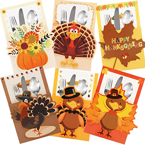 Thanksgiving Cutlery Holder Set Thanksgiving Turkey Utensil Silverware Holder Fall Autumn Party Table Decoration 24 Pcs