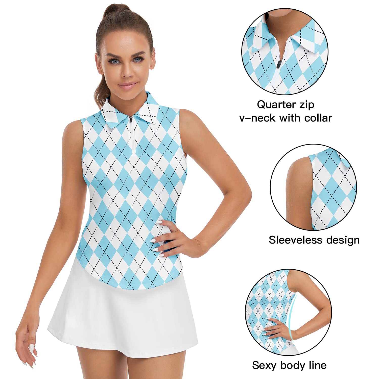 Womens Sleeveless Blue Golf Shirt Printed Polo Tennis Shirts Moisture Wicking Athletic Sport Golf Tanks for Women
