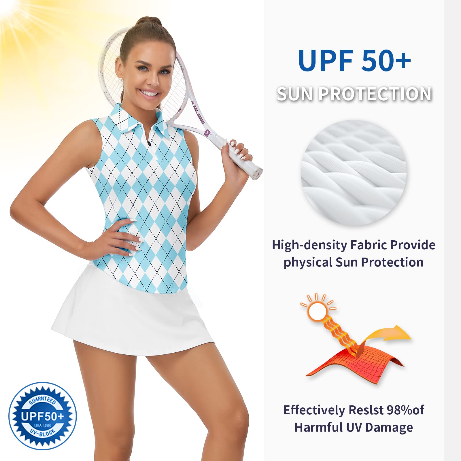 Womens Sleeveless Blue Golf Shirt Printed Polo Tennis Shirts Moisture Wicking Athletic Sport Golf Tanks for Women
