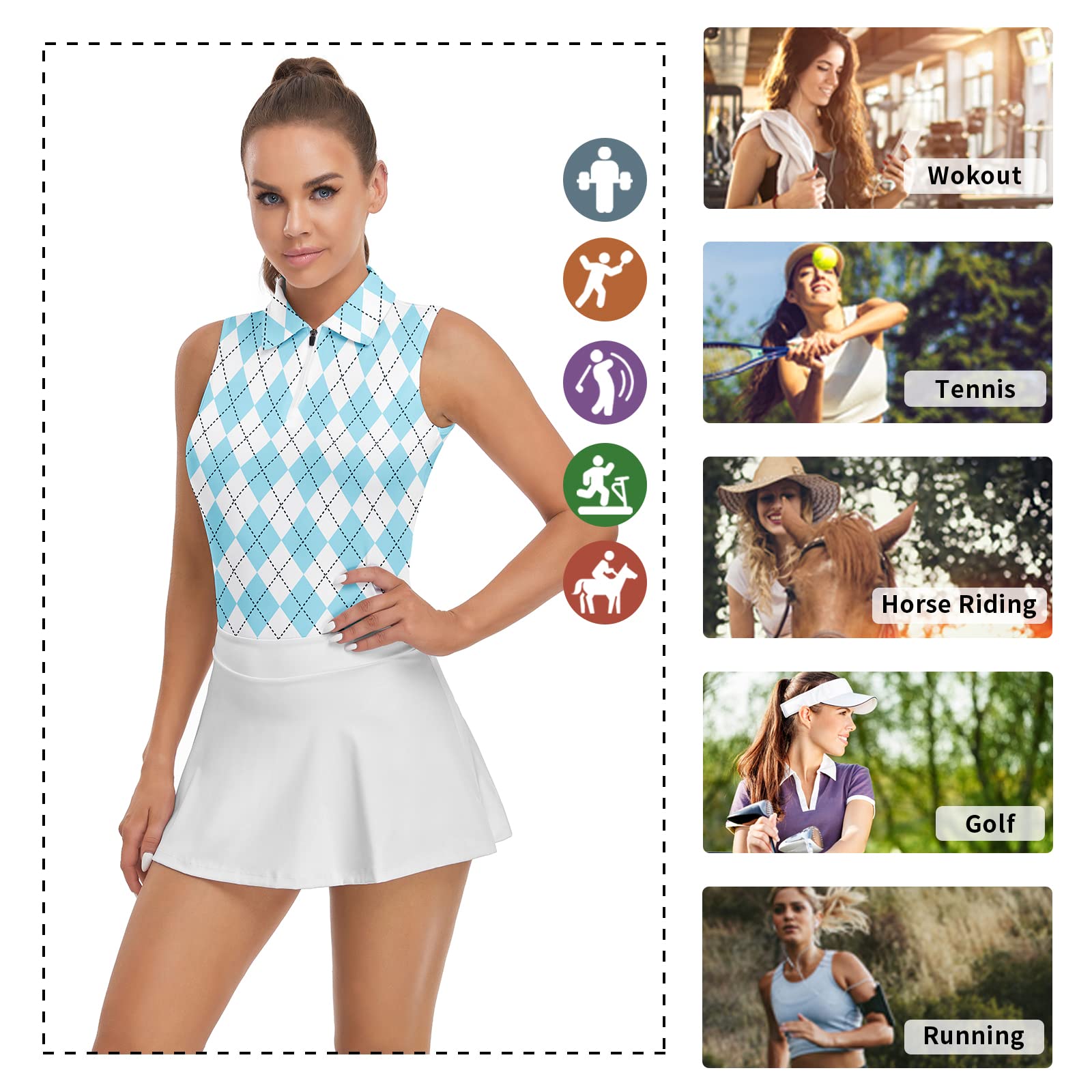 Womens Sleeveless Blue Golf Shirt Printed Polo Tennis Shirts Moisture Wicking Athletic Sport Golf Tanks for Women