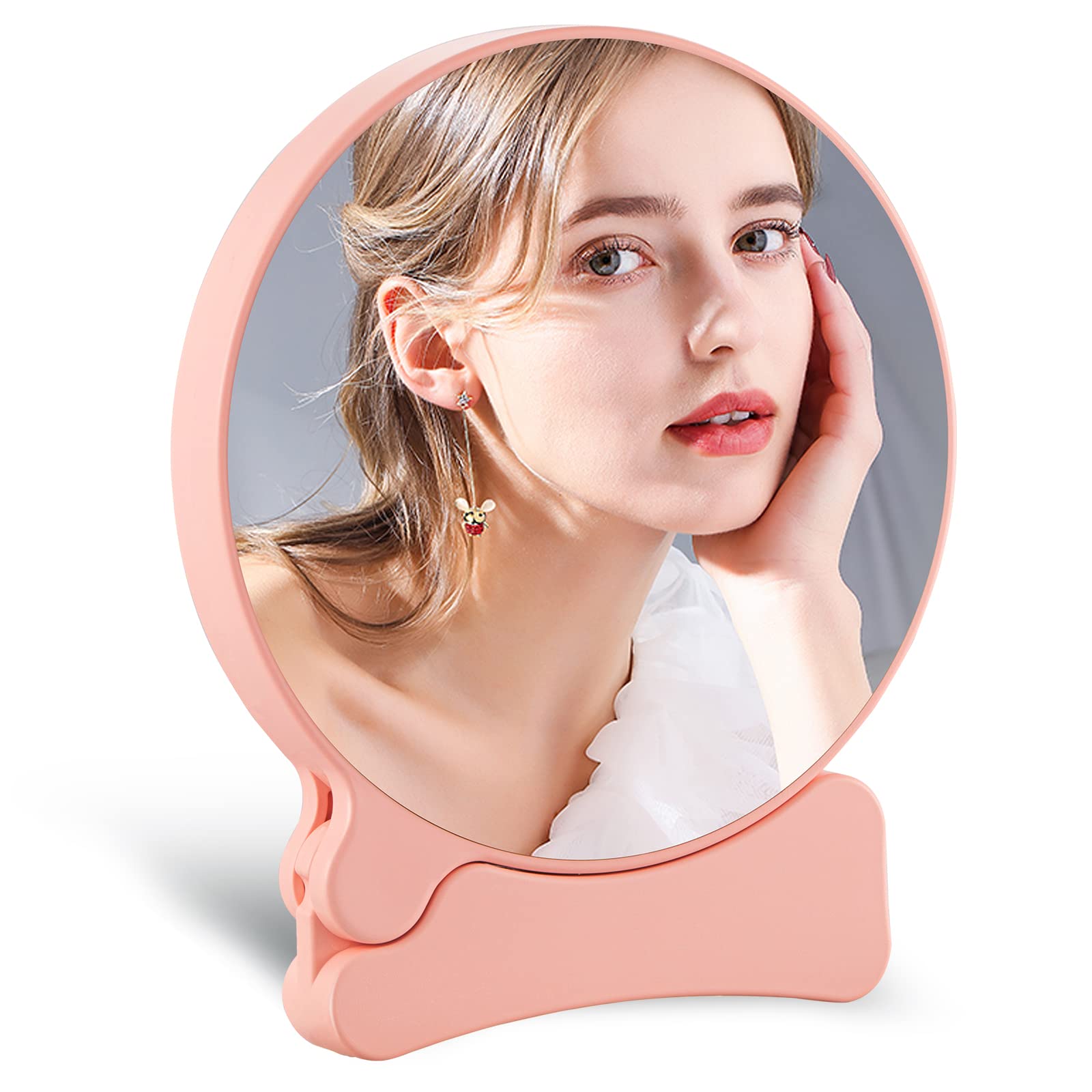 Handheld Mirror with Folding Handle, Round Portable Small Hand Mirror for Travel Makeup, Lightweight, Without Lights (Pink)