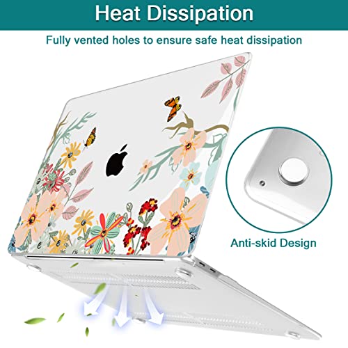 Teryeefi for New MacBook Pro 13 Inch Case 2022 2021 2020 2019 2018 2017 2016 Release A2338 M1 M2 /A2289/A2251/a2159/A1989/A1706 Touch Bar, Floral Hard Plastic Shell and Keyboard Cover,Orange Flower