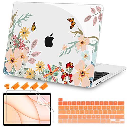 Teryeefi for New MacBook Pro 13 Inch Case 2022 2021 2020 2019 2018 2017 2016 Release A2338 M1 M2 /A2289/A2251/a2159/A1989/A1706 Touch Bar, Floral Hard Plastic Shell and Keyboard Cover,Orange Flower