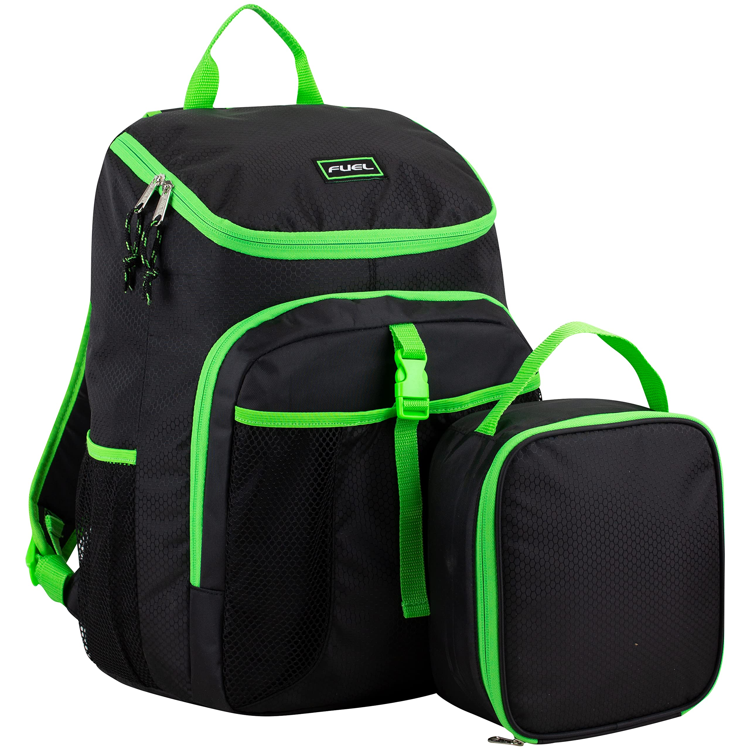 FUEL Teens Student Water Resistant Backpack Set Lunch Bookbag Bag Soft Reusable Insulated Cooler Lunch Box Thermal Travel Office Lunch Bag, Black with Neon Green