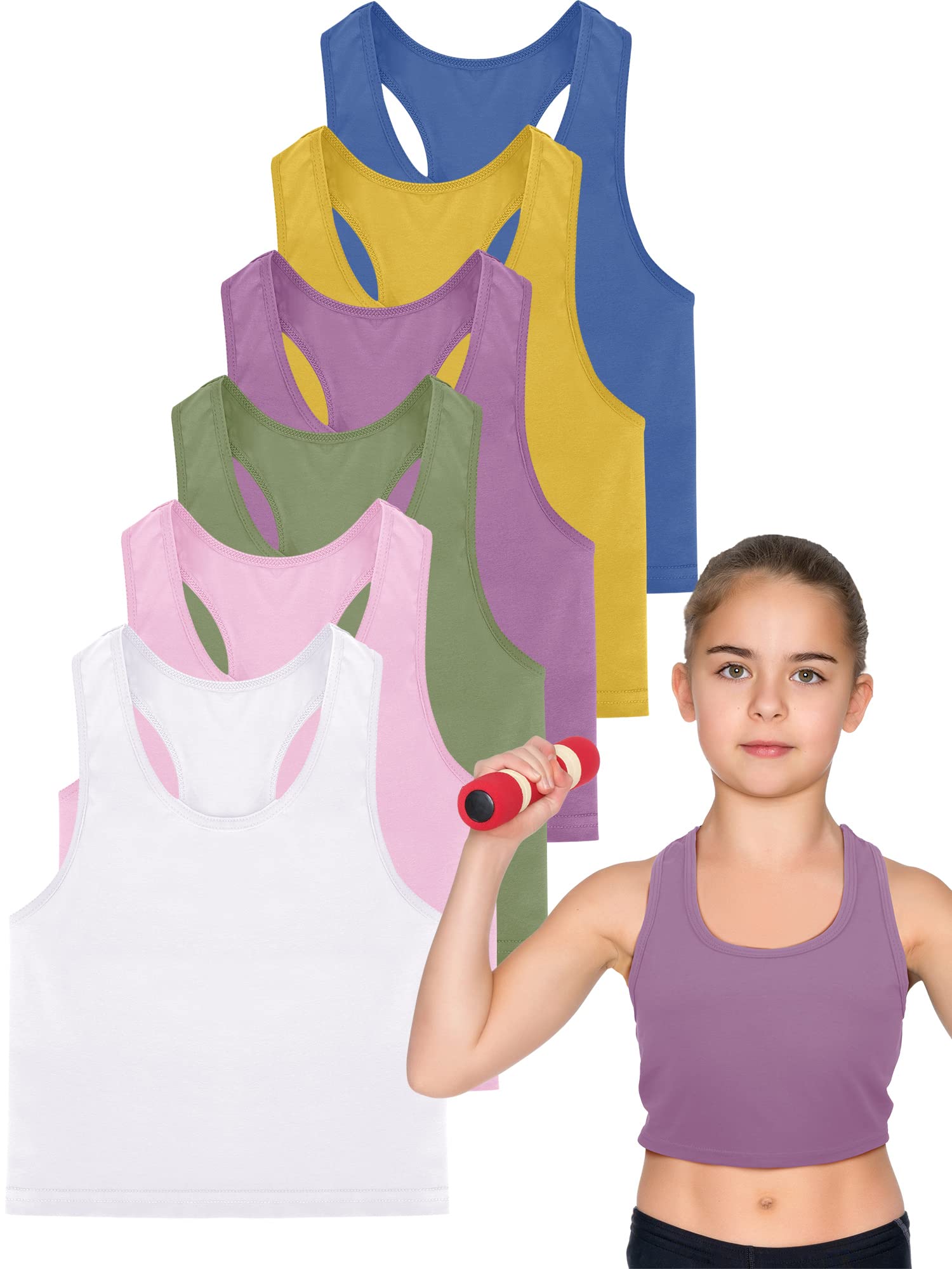 Geyoga 6 Pieces Girls Dance Tank Top Racerback Crop Top Sleeveless Dance Outfit for Ballet Hip hop Athletic wear(11-12 Year,Bright Color)