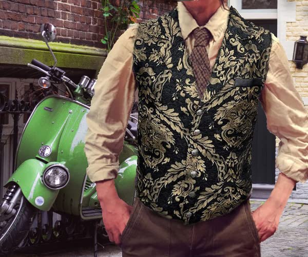 Mens Steampunk Vest Gothic Corset Waistcoat Victorian Masquerade Outfit Dress Jacquard Goth Suit Costume(Black,Large)