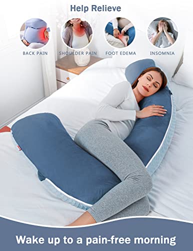 AngQi Full Body Pregnancy Pillow, Pregnancy Pillows for Sleeping, L Shaped Body Pillows for Adults, Maternity Pillow for Side Sleepers with Minky dot & Velvet A/B Side Cover, Dot White & Blue