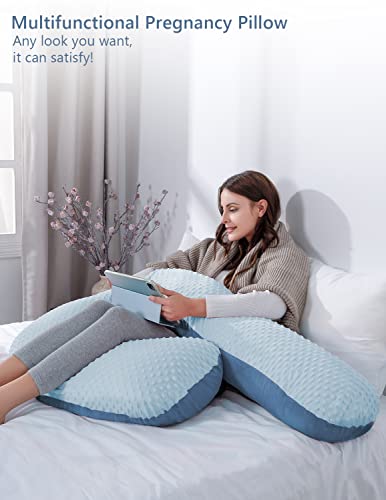 AngQi Full Body Pregnancy Pillow, Pregnancy Pillows for Sleeping, L Shaped Body Pillows for Adults, Maternity Pillow for Side Sleepers with Minky dot & Velvet A/B Side Cover, Dot White & Blue