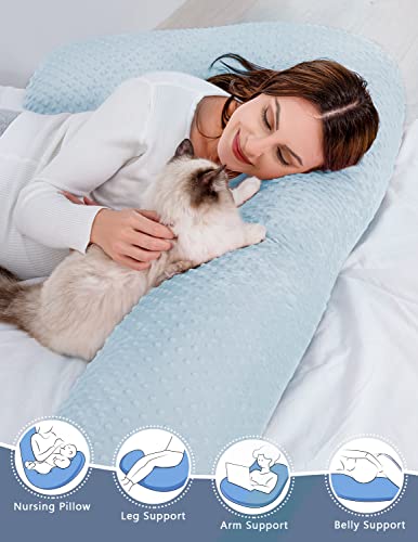 AngQi Full Body Pregnancy Pillow, Pregnancy Pillows for Sleeping, L Shaped Body Pillows for Adults, Maternity Pillow for Side Sleepers with Minky dot & Velvet A/B Side Cover, Dot White & Blue