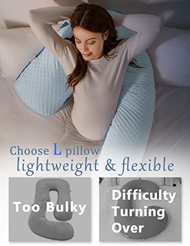 AngQi Full Body Pregnancy Pillow, Pregnancy Pillows for Sleeping, L Shaped Body Pillows for Adults, Maternity Pillow for Side Sleepers with Minky dot & Velvet A/B Side Cover, Dot White & Blue