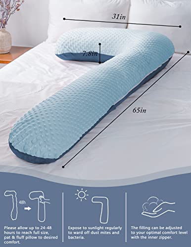 AngQi Full Body Pregnancy Pillow, Pregnancy Pillows for Sleeping, L Shaped Body Pillows for Adults, Maternity Pillow for Side Sleepers with Minky dot & Velvet A/B Side Cover, Dot White & Blue