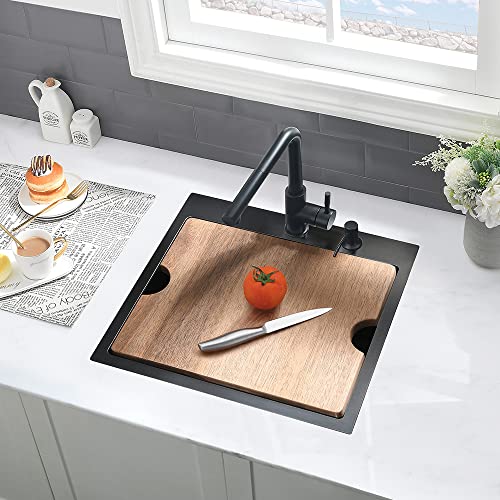 18 Inch Black Bar Sink Drop In Workstation-VASOYO 18x18 Drop In Bar Sink Black Stainless Steel Bar Prep Sink Topmount Outdoor Rv Kitchen Sink Single Bow Wet Bar Sink with Cutting Board