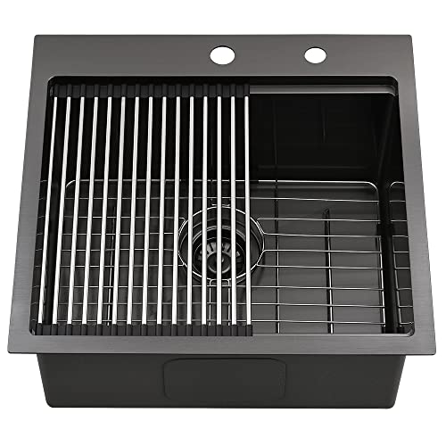 18 Inch Black Bar Sink Drop In Workstation-VASOYO 18x18 Drop In Bar Sink Black Stainless Steel Bar Prep Sink Topmount Outdoor Rv Kitchen Sink Single Bow Wet Bar Sink with Cutting Board