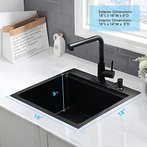 18 Inch Black Bar Sink Drop In Workstation-VASOYO 18x18 Drop In Bar Sink Black Stainless Steel Bar Prep Sink Topmount Outdoor Rv Kitchen Sink Single Bow Wet Bar Sink with Cutting Board