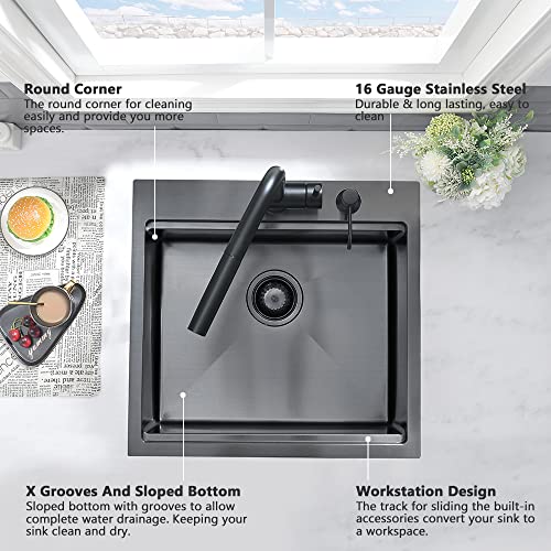 18 Inch Black Bar Sink Drop In Workstation-VASOYO 18x18 Drop In Bar Sink Black Stainless Steel Bar Prep Sink Topmount Outdoor Rv Kitchen Sink Single Bow Wet Bar Sink with Cutting Board