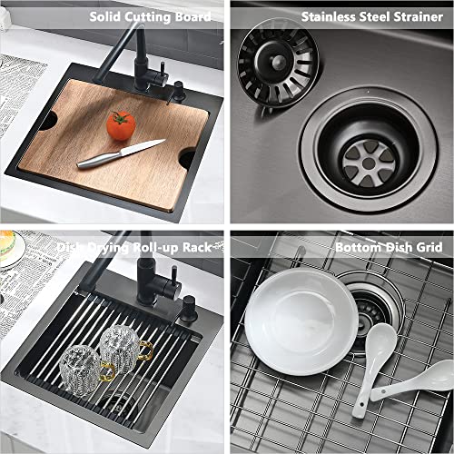 18 Inch Black Bar Sink Drop In Workstation-VASOYO 18x18 Drop In Bar Sink Black Stainless Steel Bar Prep Sink Topmount Outdoor Rv Kitchen Sink Single Bow Wet Bar Sink with Cutting Board