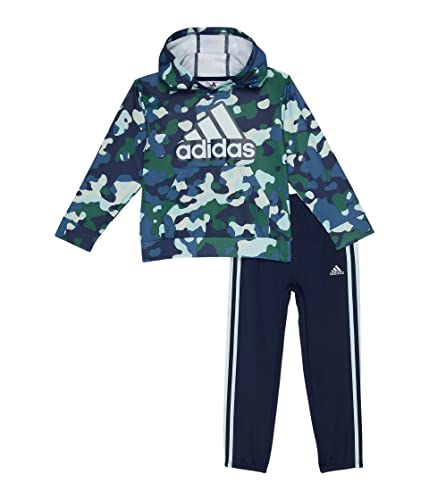 adidas Boys Long Sleeve Camo Fleece Hooded Pullover Set, Collegiate Navy with Tech Olive, 4T
